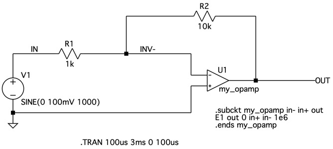 Fig. 2.21: An inverting amplifier with an op-amp described with a subcircuit. The subcircuit is ...